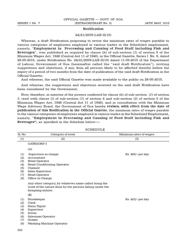 Goa-Minimum Wage - Food Processing Basic | PDF | Employment | Wage