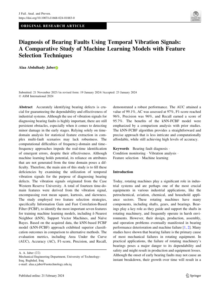 Diagnosis of Bearing Faults Using Temporal Vibration Signals: A Comparative Study of Machine ...