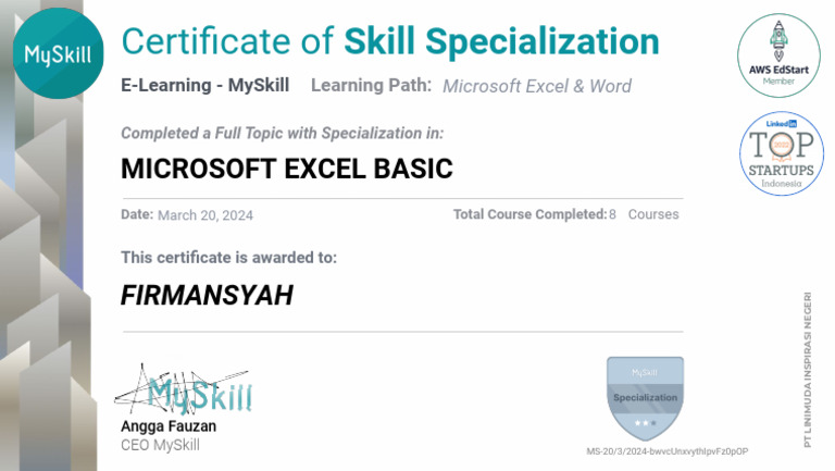 MySkill-Skill Specialization Microsoft Excel Basic | PDF