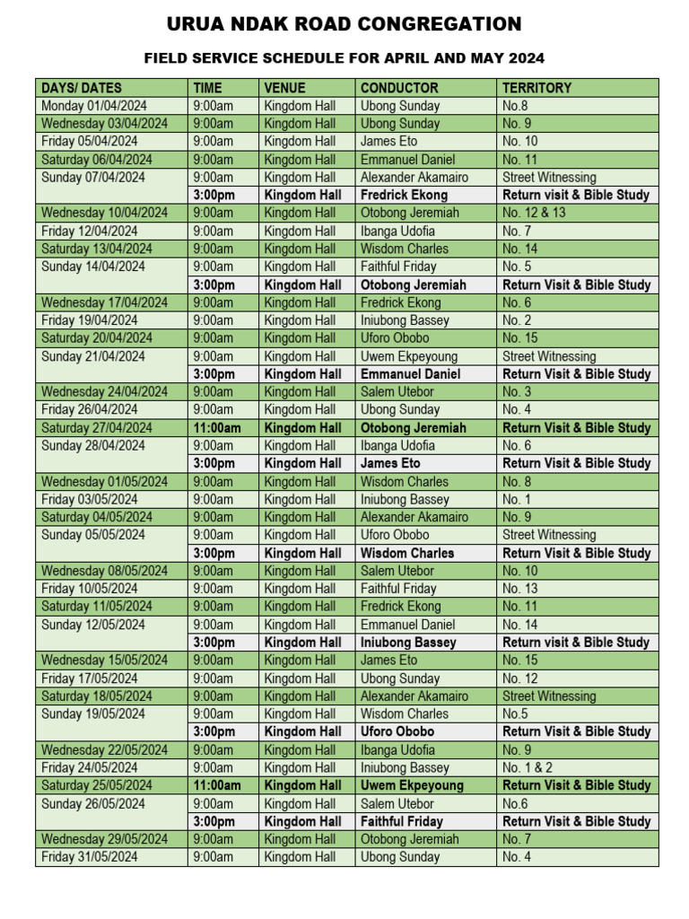 Field Service Schedule-1 | PDF | Bible Student Movement | Premillennialism