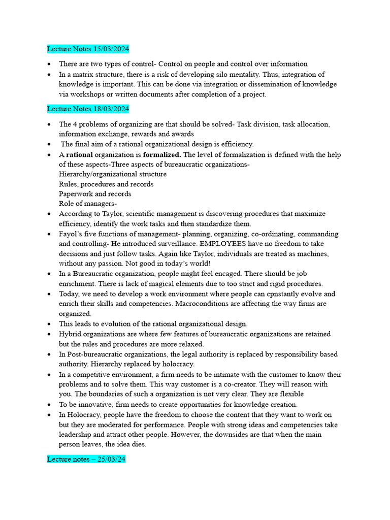 Lecture Notes Organizational Design | PDF | Analytics | Organizational ...