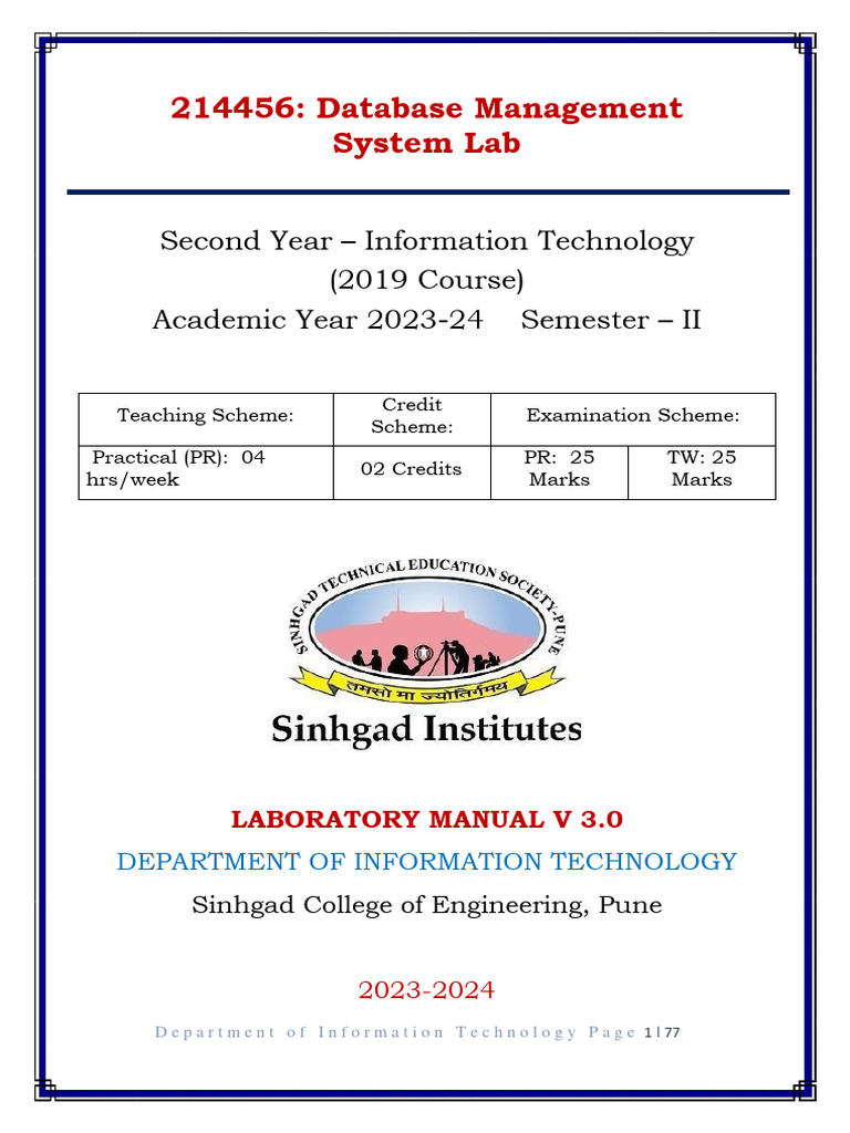 DBMS Lab Manual 2023-24 | PDF | Relational Database | Sql