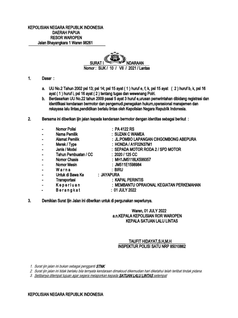 Surat Ijin Jalan Kendaraan (Motor) | PDF