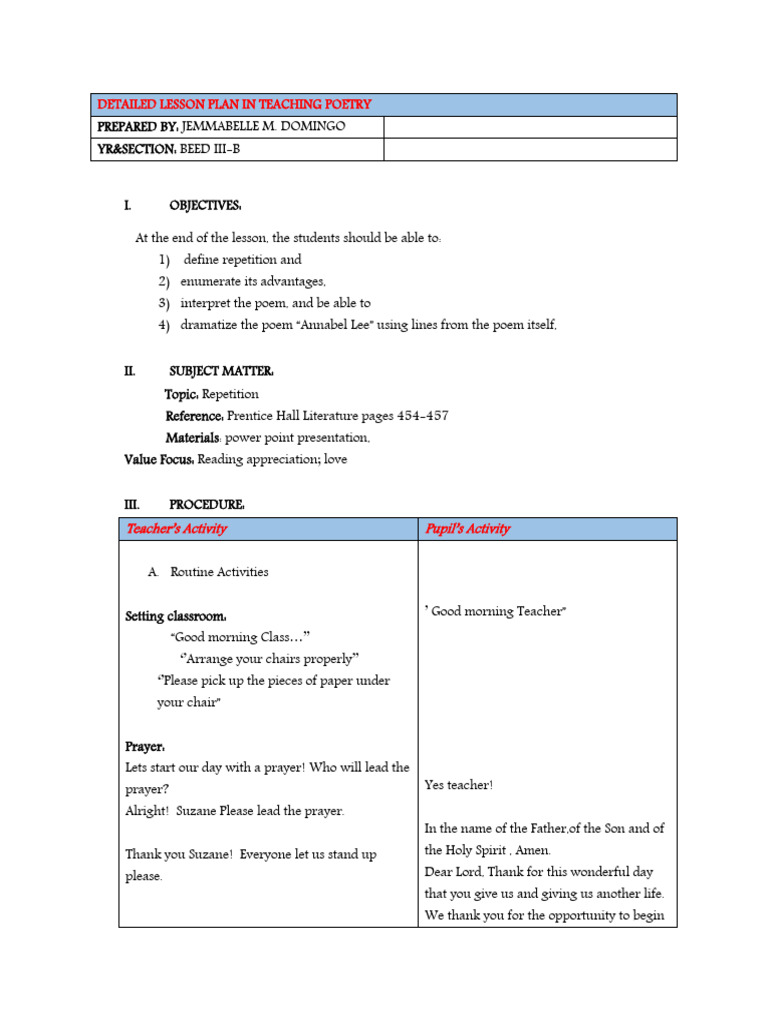 Lesson Plan for "Annabel Lee" Poetry | PDF | Poetry