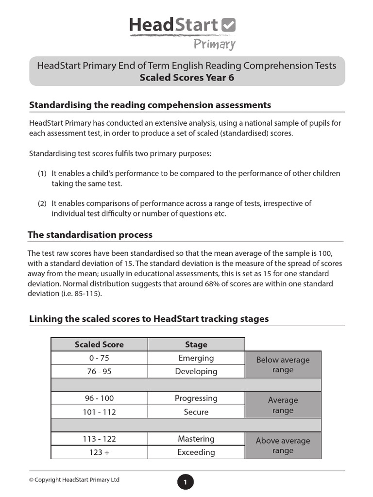 Reading Comprehension Scaled Scores Year 6 | PDF | Educational ...