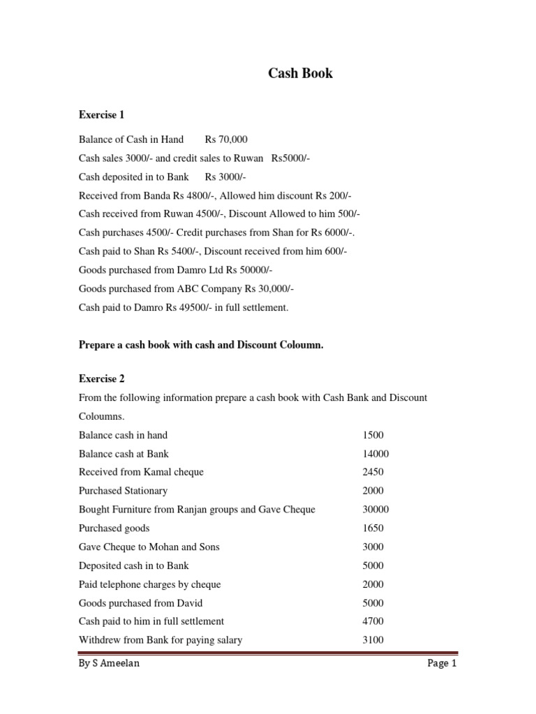 Cash Book Exercises for Class 11 | PDF