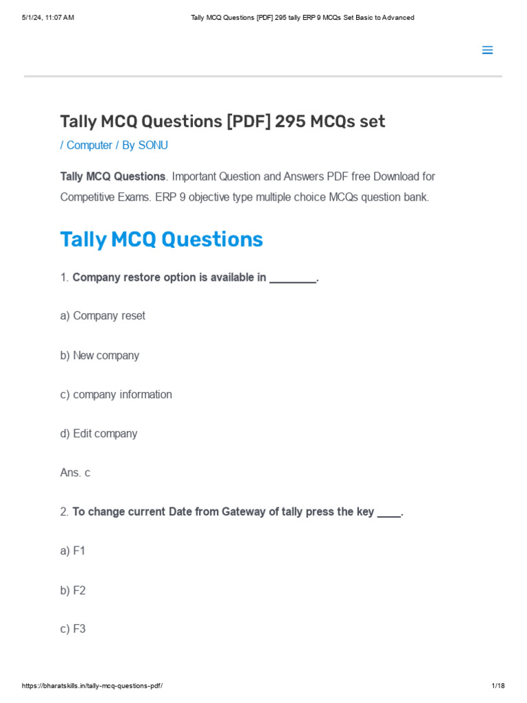 Tally MCQ Questions (PDF) 295 Tally ERP 9 MCQs Set Basic To Advanced | PDF | Multiple Choice | Taxes