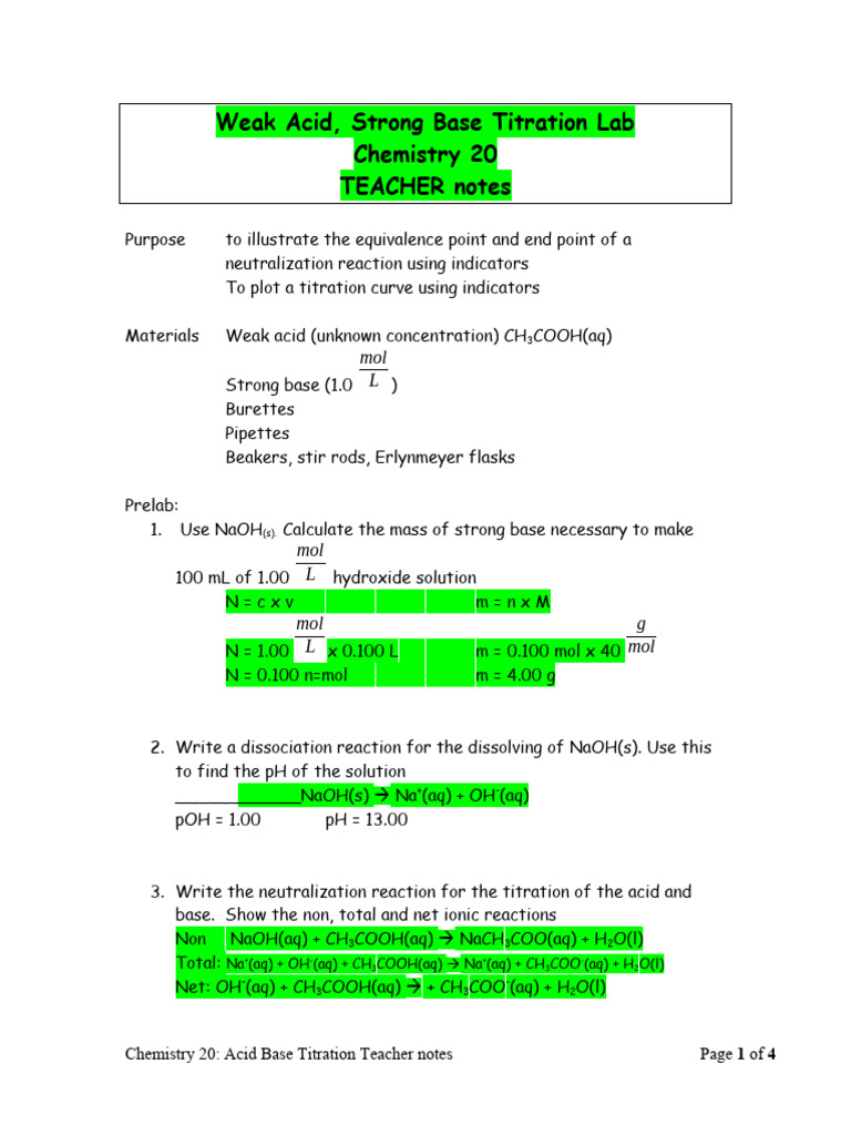 Weak Acid-Strong Base Titration Lab Guide | PDF | Titration | Chemistry
