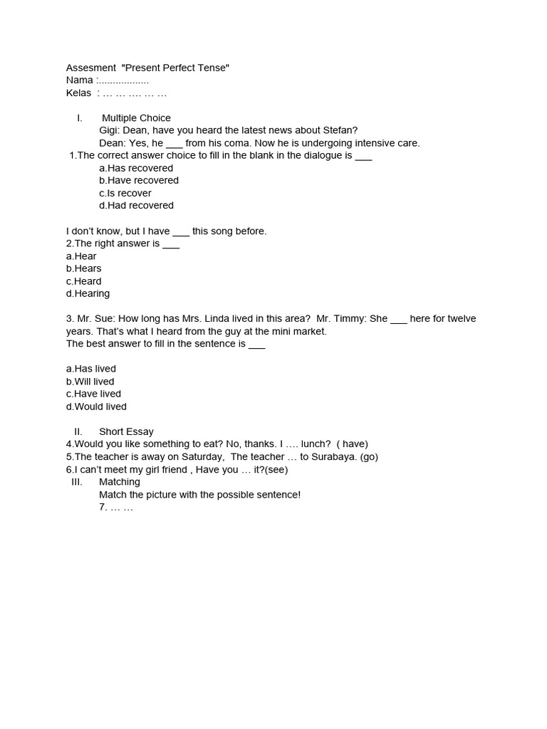 Present Perfect Tense Assessment Guide | PDF