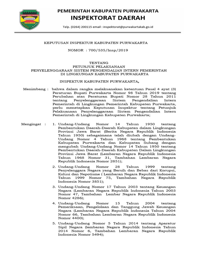 Keputusan Inspektur Tentang Pedoman Pelaksanaan Spip 2019 | PDF