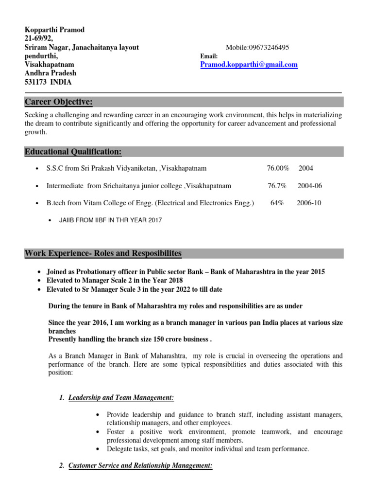 Resume Pramod Kopparthi Banking Experince 8 Years in PSB | PDF | Risk ...