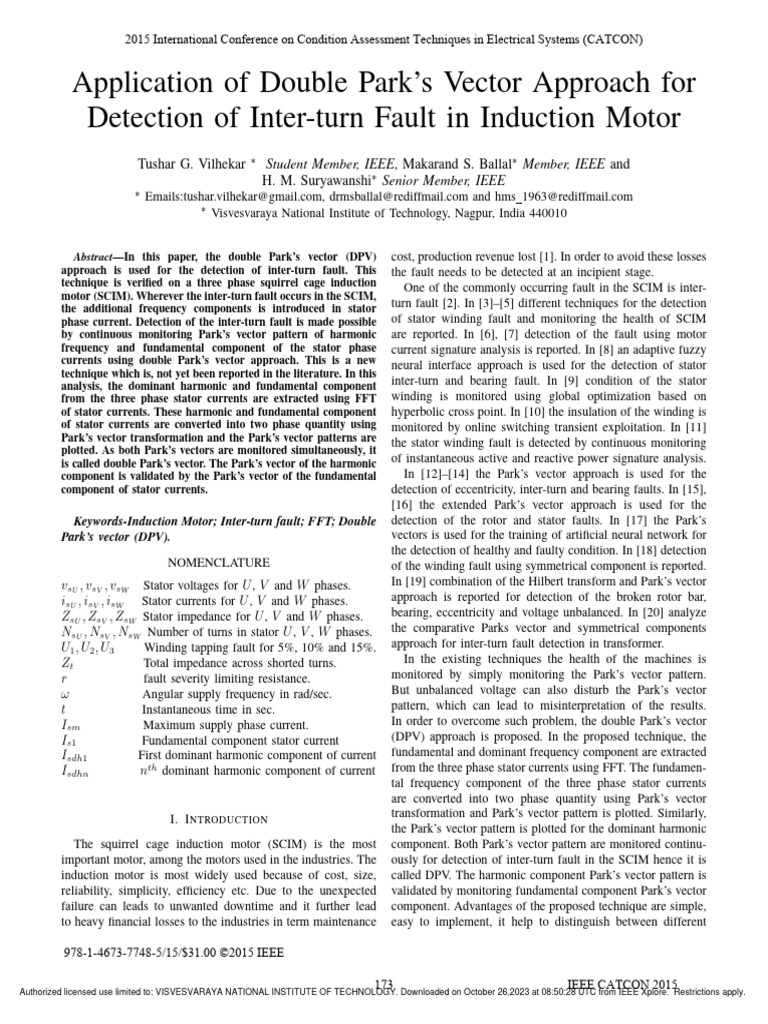 Application of Double Parks Vector Approach For Detection of Inter-Turn Fault in Induction Motor ...