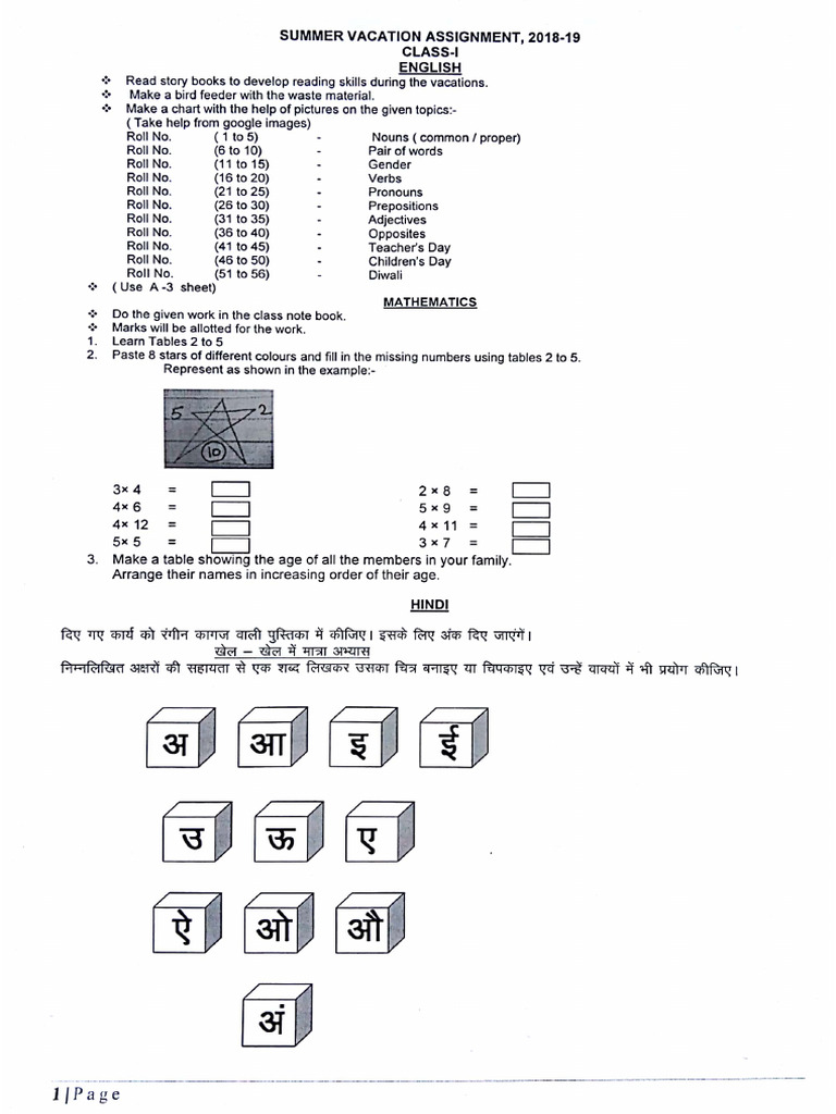 Summer Holiday Homework Class I To V 2018-19 - 1079062364 | PDF