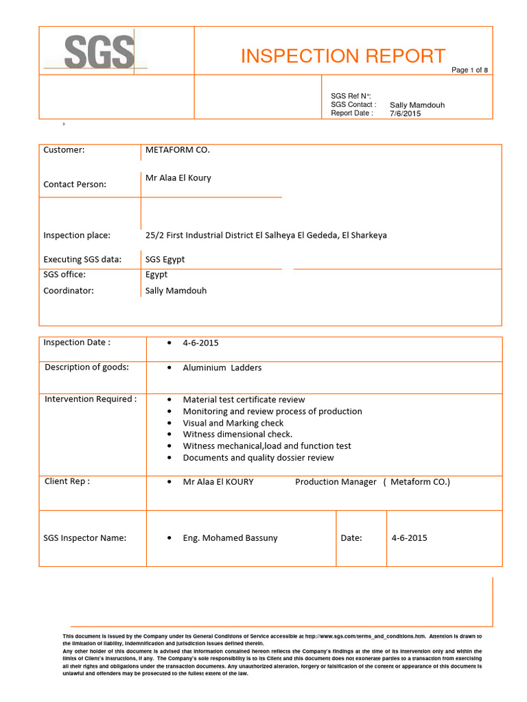 SGS - Inspection - Report 4-6-2015 | PDF | Forgery