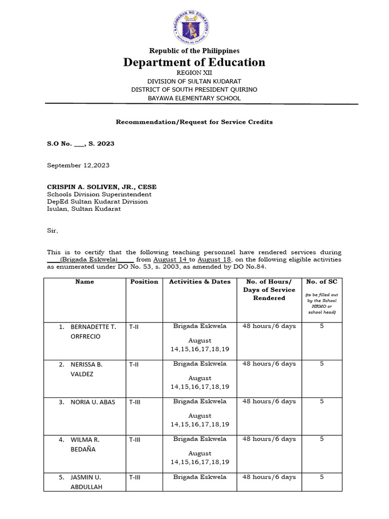 Request For Service Credits | PDF | Government Institutions ...