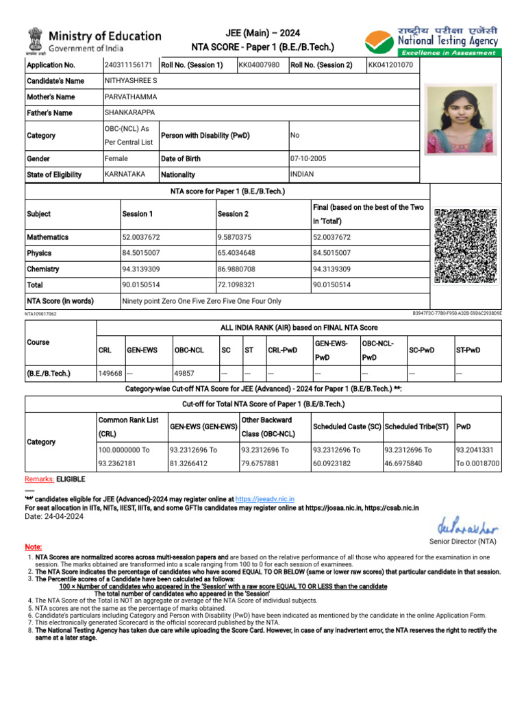 JEE Main 2024 NTA Scorecard for Nithyashree | PDF | Qualifications | Tests