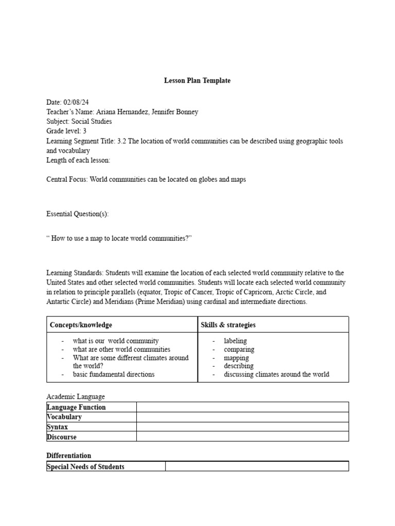 Lesson Plan Template - Jennifer Bonney and Ariana Hernadez | PDF ...