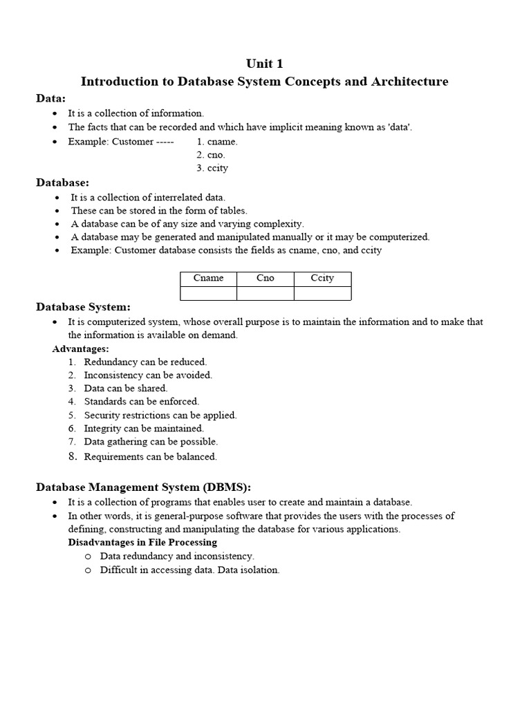 DBMS-Unit 1 Material | PDF | Databases | Conceptual Model DBMS-Unit 1 Material | PDF | Databases | Conceptual Model