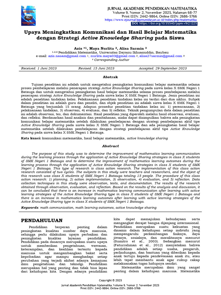 Upaya Meningkatkan Komunikasi Dan Hasil Belajar Matematika Dengan Strategi Active Knowledge ...