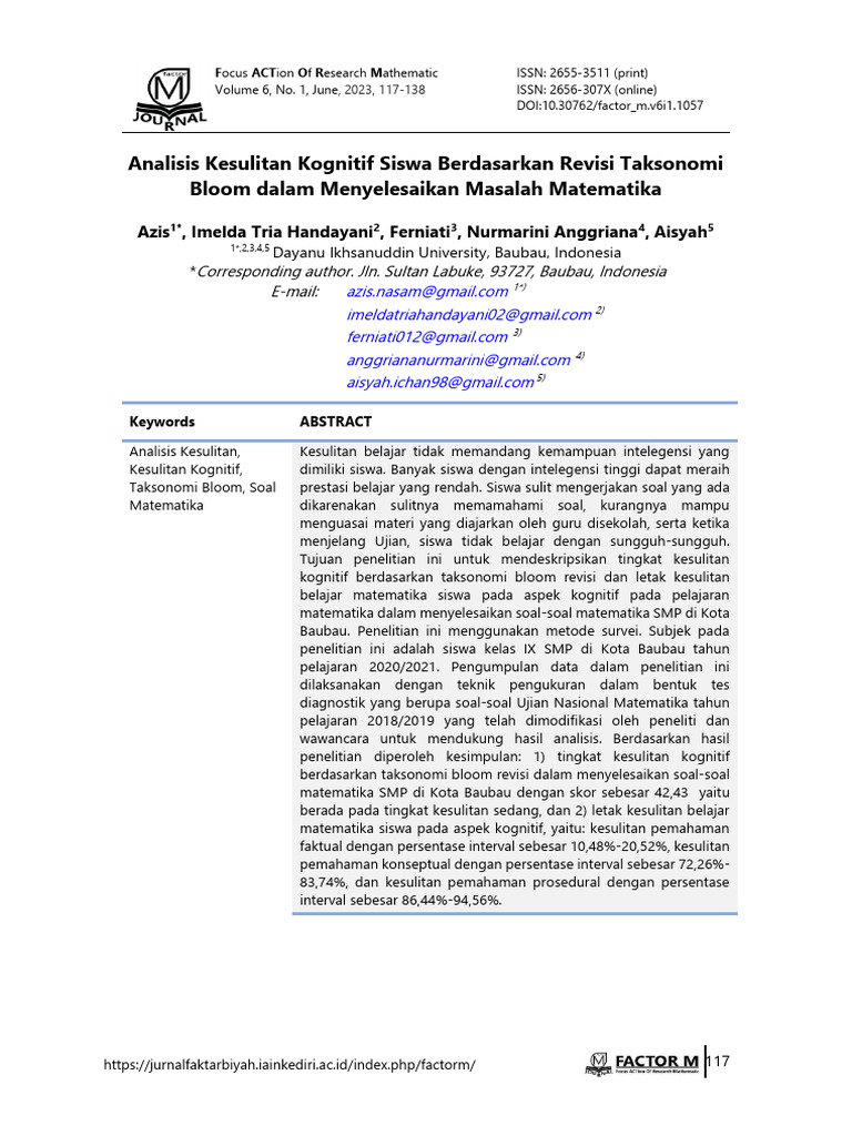 Analysis of Students' Cognitive Difficulties Based On The Revised Bloom's Taxonomy in Solving ...