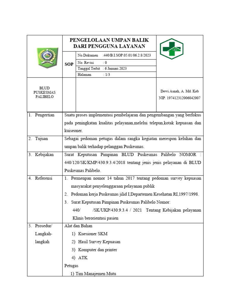 1.1.2.d2 SOP PENGELOLAAN UMPAN BALIK DARI PENGGUNA LAYANAN | PDF