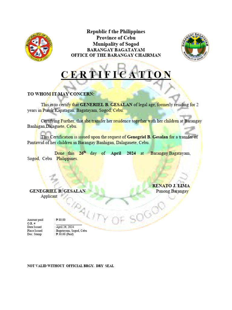 Certification Pantawid Transfer | PDF