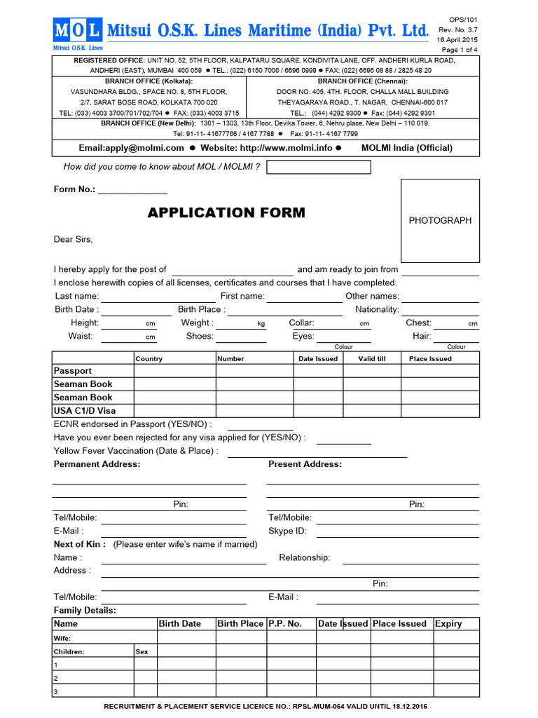 OPS 101 - Application Form | PDF | Shipping | Water Transport