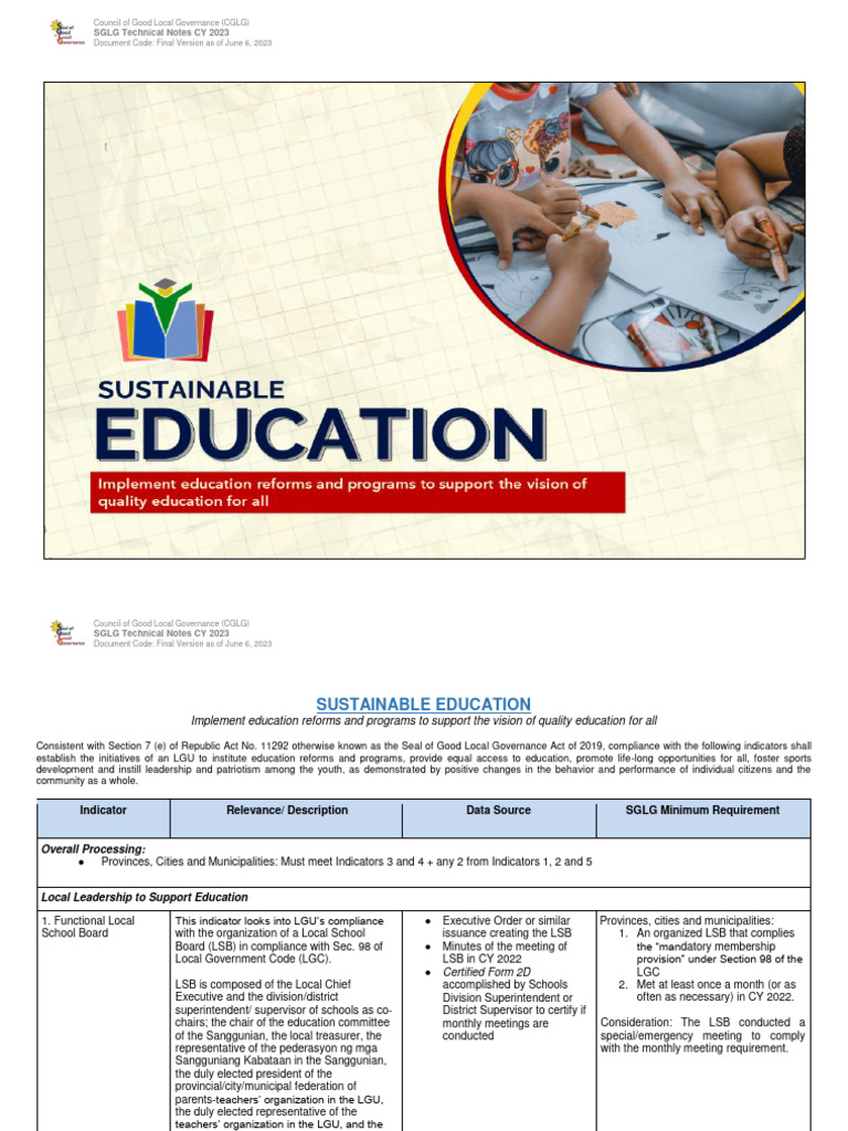 CGLG SGLG Technical Notes 2023 | PDF | Governance | Education Reform