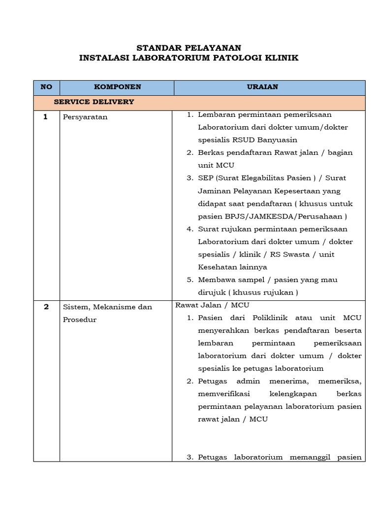 Standar Pelayanan Lab RSUD Banyuasin | PDF
