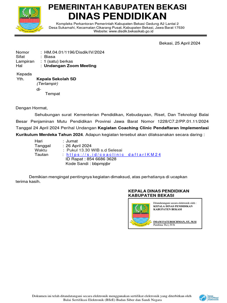 Undangan Zoom Coaching Klinik SD 2024 | PDF