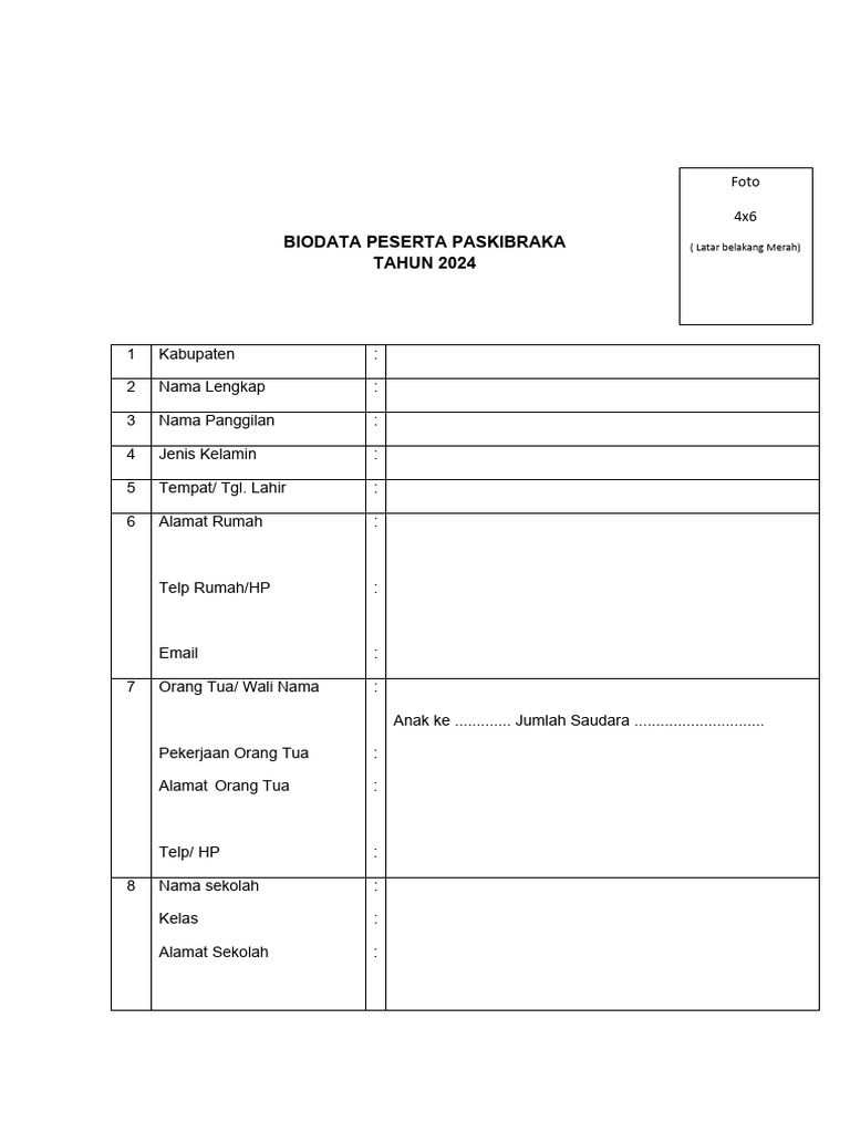 Biodata Peserta Paskibraka Provinsi 2024 | PDF