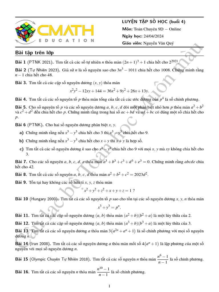 (L9DON23) 24 04 2024 Luyen Tap So Hoc Buoi 4 | PDF