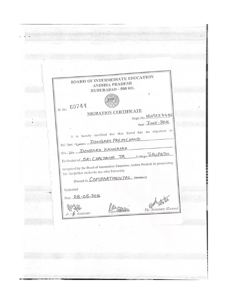 Intermediate Migration Certificate | PDF