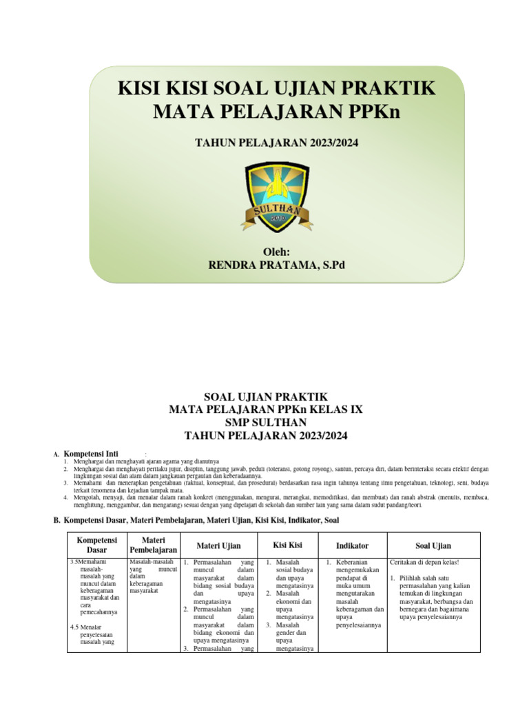 Kisi - Kisi Ujian Praktik PPKN 2023-2024 - New | PDF