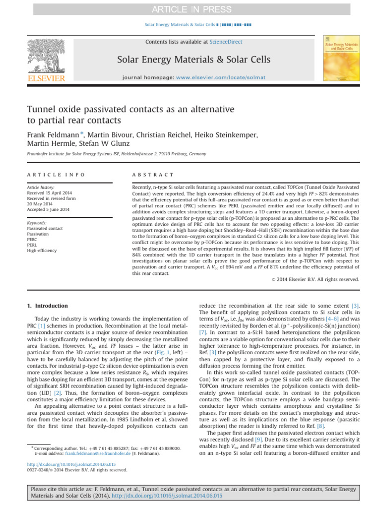 Tunnel Oxide Passivated Contacts As An Alternative To Partial Rear ...