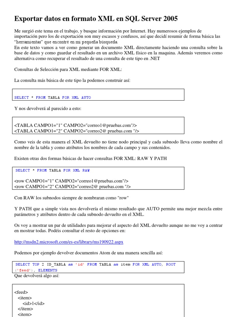 Exportar Datos en Formato XML en SQL Server 2005 | PDF | SQL | Tabla ...
