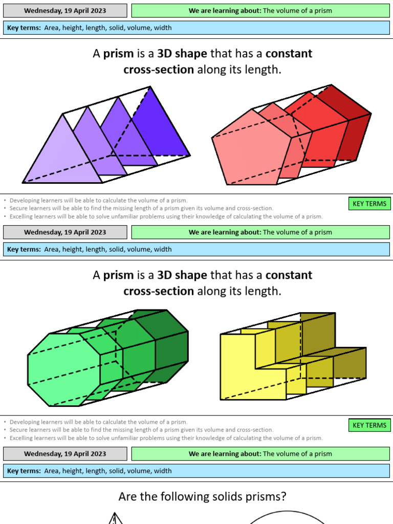 Calculating Prism Volume and Cross-Sections | PDF | Volume | Area