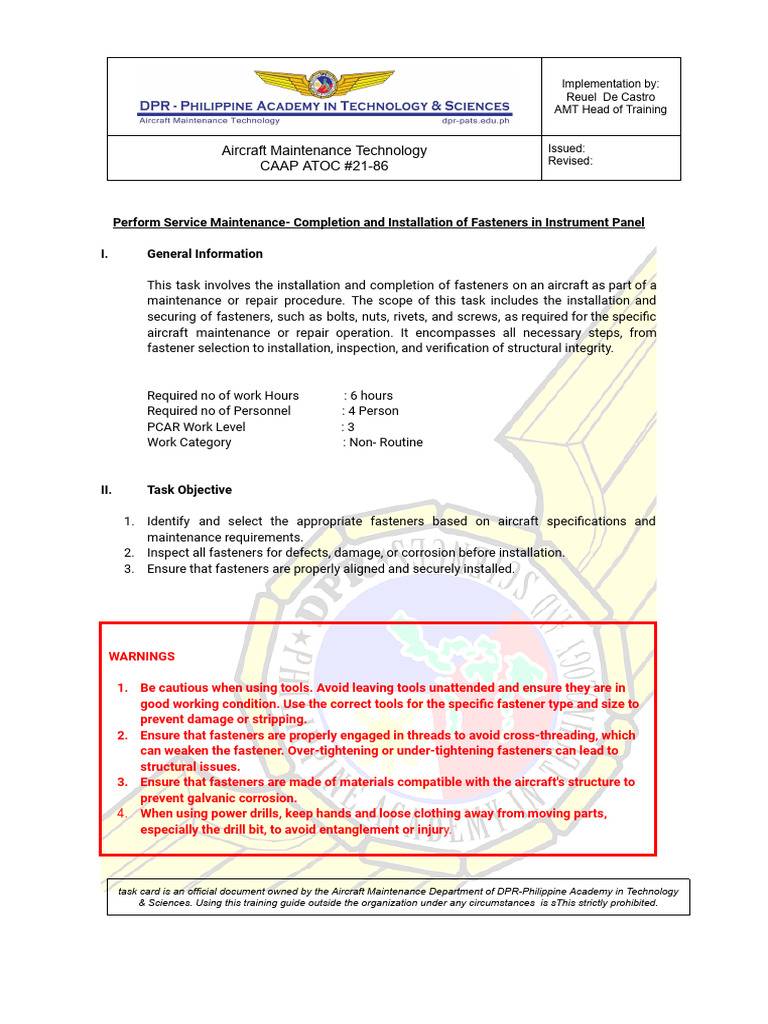 Fastener Installation for Aircraft Maintenance | PDF | Screw