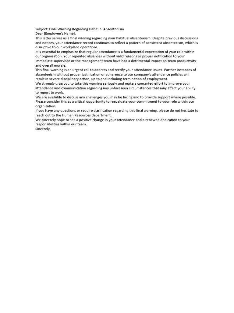 Final Warning: Employee Absenteeism | PDF