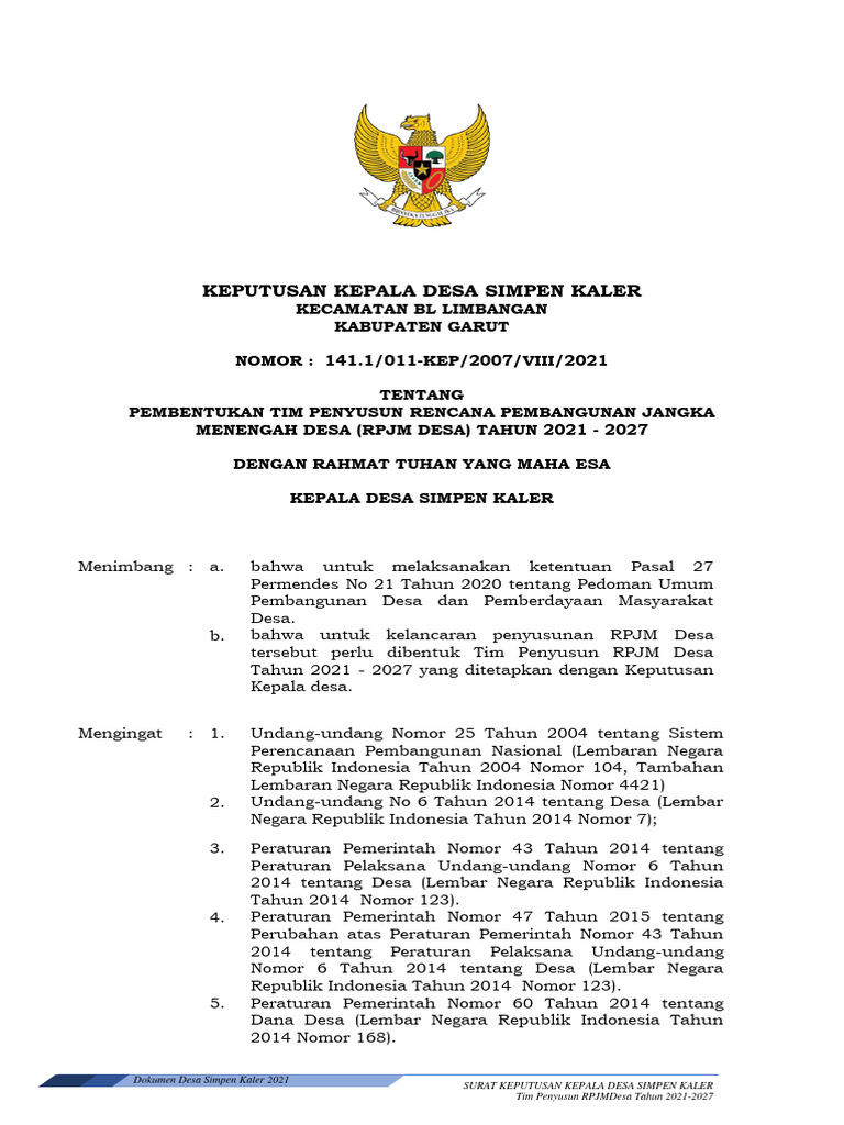 SK Tim Penyusun Rpjmdes | PDF