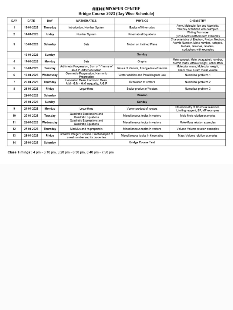 Bridge Course 2023 (Day Wise Schedule) - 230412 - 184944 | PDF | Mole ...