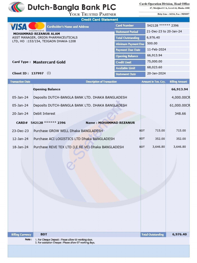 E-Statement of DBBL MasterCard Gold Credit Card For Jan-2024 | PDF | Master Card | Payments