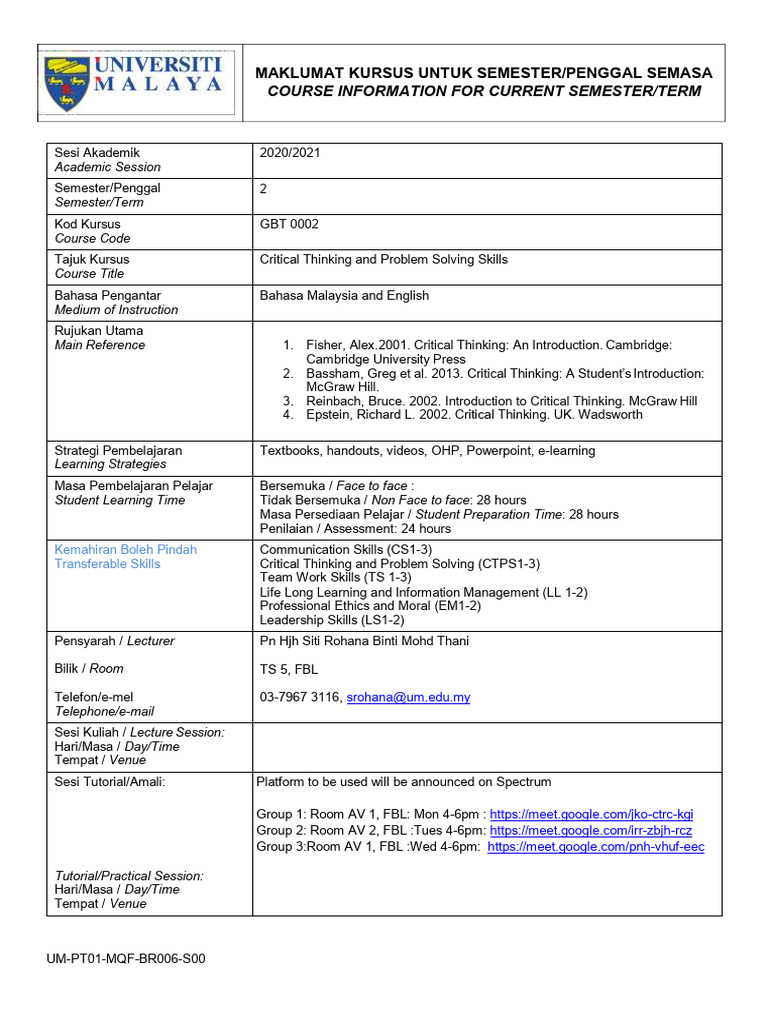 GBT 0002 Course Overview 2020/2021 | PDF | Educational Technology | Behavior Modification