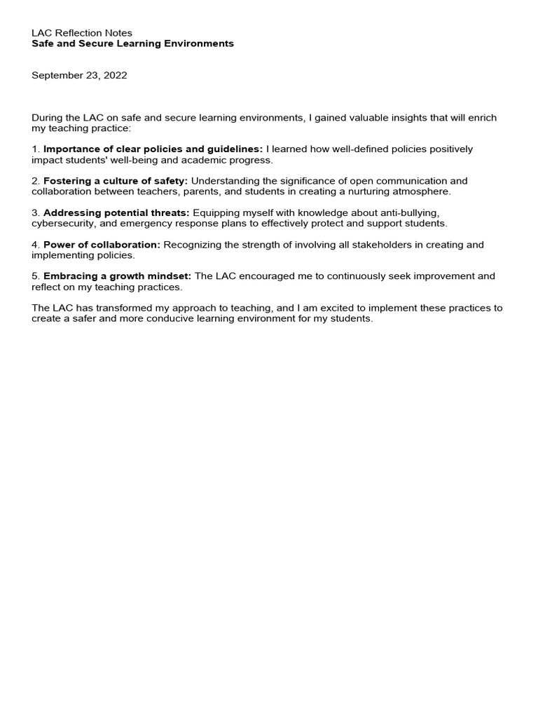 LAC Reflection Notes and Minutes | PDF | Learning | Mental Health