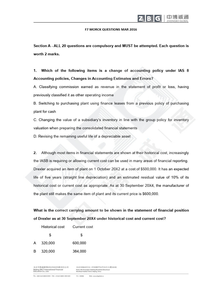 F7 Mock Questions 201603 | PDF | Historical Cost | Fixed Asset