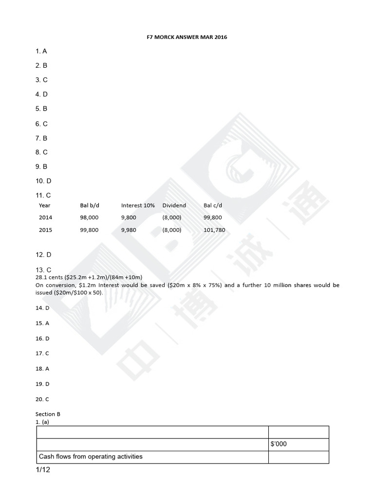 F7 Mock Answers 201603 | PDF | Deferred Tax | Depreciation