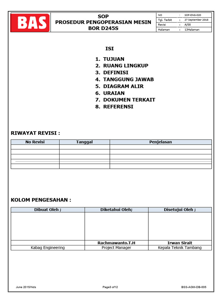 SOP-ENG-020 Prosedur Pengoperasian Mesin Bor D245S | PDF