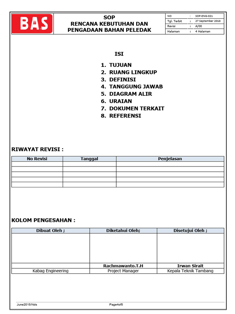 SOP-ENG-021 Rencana Kebutuhan Dan Pengadaan Bahan Peledak | PDF