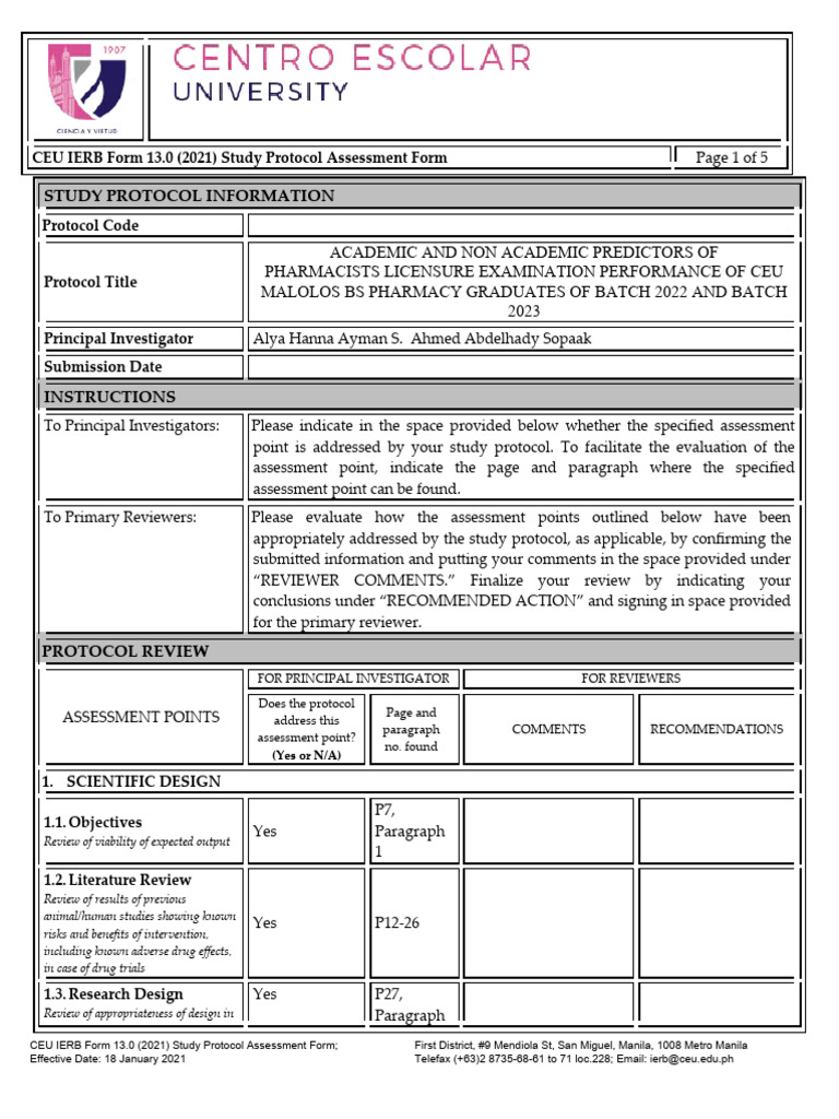CEU IERB Form 13.0 2021 Study Protocol Assessment Form 3 2 | PDF ...