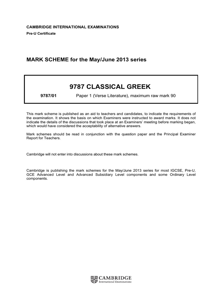 9787 Classical Greek: MARK SCHEME For The May/June 2013 Series | PDF ...